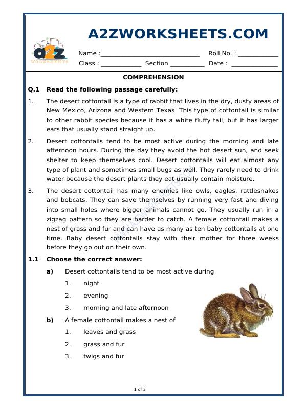 A2Zworksheets:Worksheet of Comprehension Passage-02-Reading-English