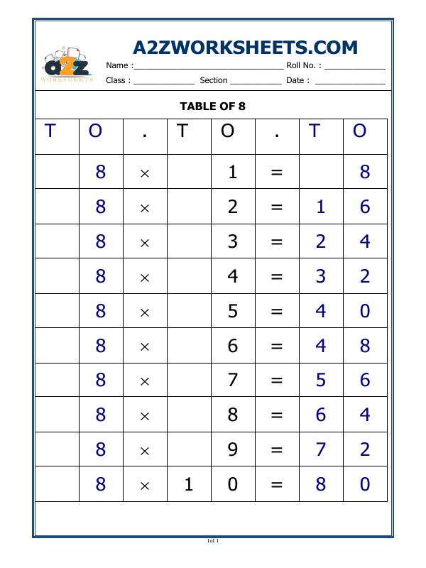 A2Zworksheets:Worksheet of 8 Times Table-Multiplication-Maths