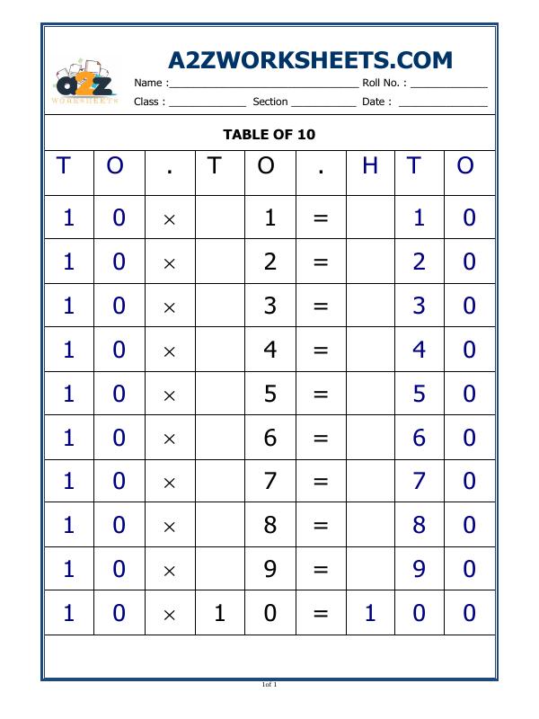 A2Zworksheets:Worksheet of 10 Times Table-Multiplication-Maths