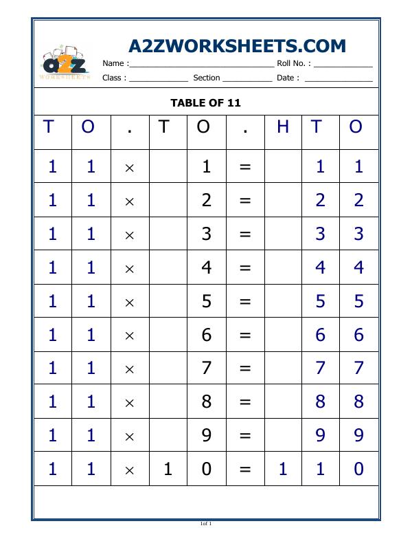 A2Zworksheets:Worksheet of 11 Times Table-Multiplication-Maths