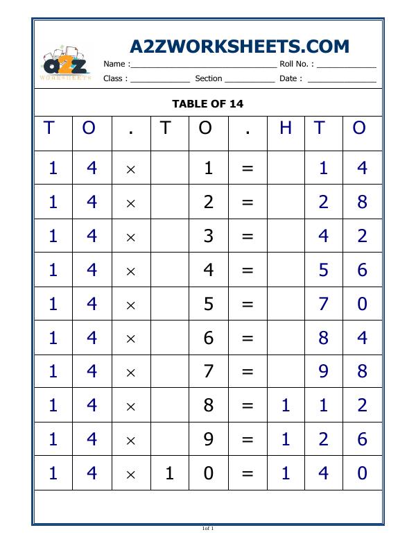 A2Zworksheets:Worksheet of 14 Times Table-Multiplication-Maths