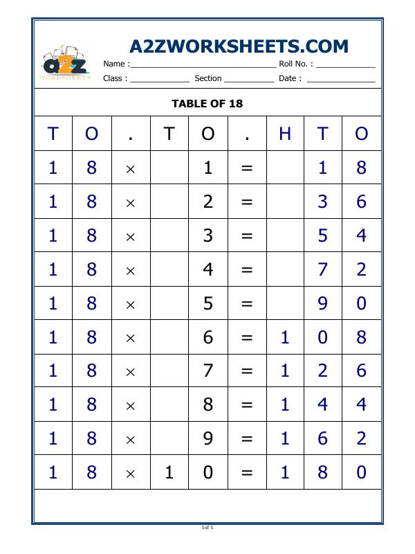 A2Zworksheets:Worksheet of 18 Times Table-Multiplication-Maths