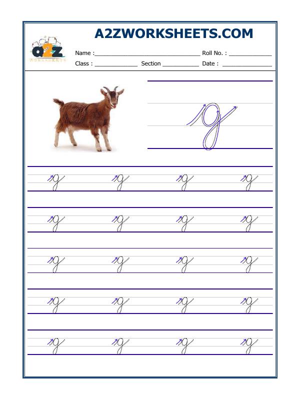 A2Zworksheets:Worksheet of English Cursive Writing - Alphabet G-Writing ...