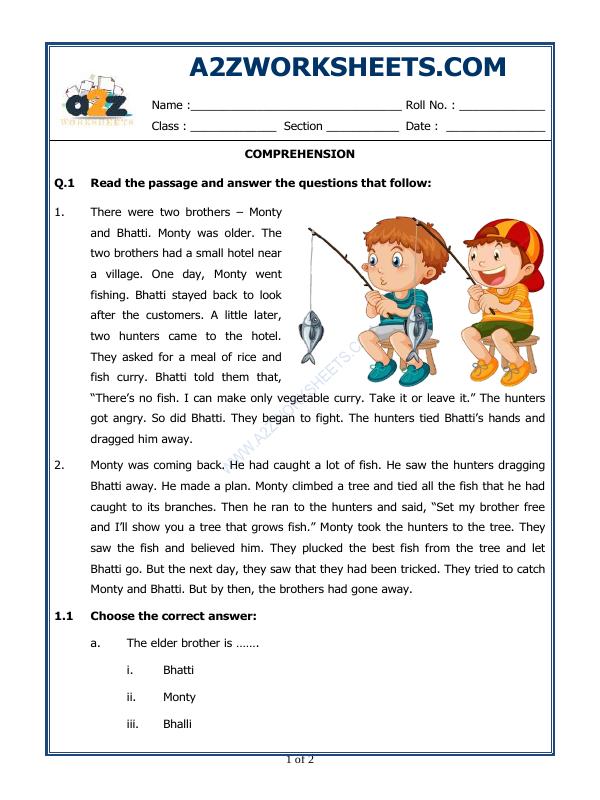 A2Zworksheets:Worksheet of Comprehension Passage-05-Reading-English