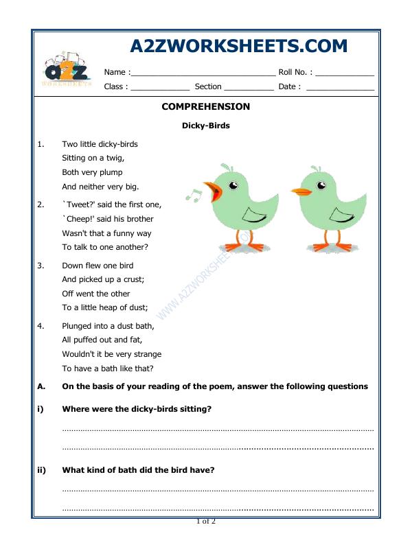 A2Zworksheets:Worksheet of Comprehension Passage-07-Reading-English