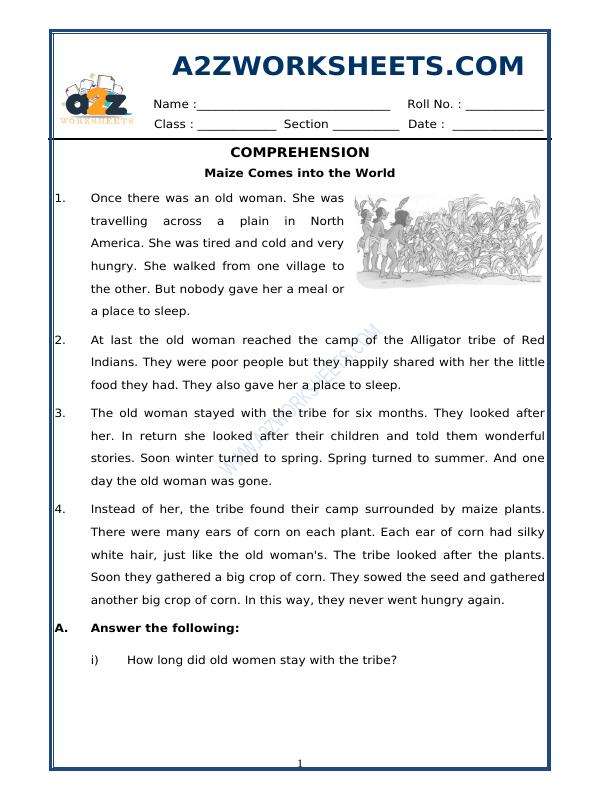 A2Zworksheets:Worksheet of Comprehension Passage-11-Reading-English