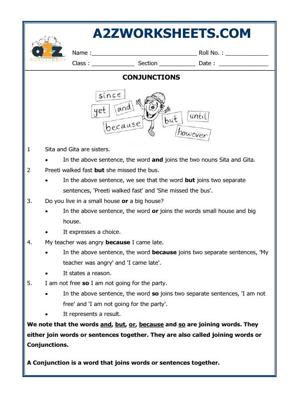 A2Zworksheets:Worksheet of Conjunctions-Grammar-English