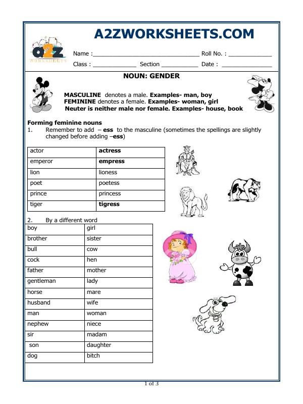 A2Zworksheets:Worksheet of Noun Gender-Grammar-English