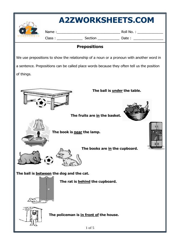 A2Zworksheets:Worksheet of Prepositions-Grammar-English