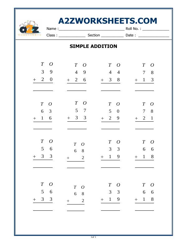 A2Zworksheets:Worksheet of Simple Addition-01-Addition-Maths