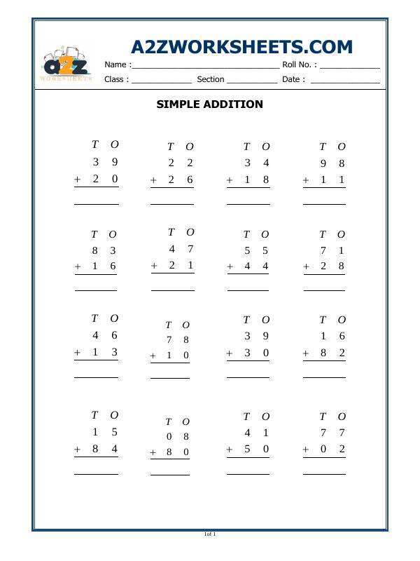 A2Zworksheets:Worksheet of Simple Addition-02-Addition-Maths