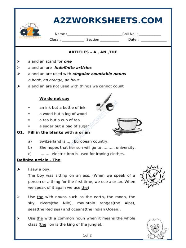 A2Zworksheets:Worksheet of Articles A, An, The-Grammar-English