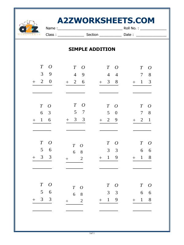 A2Zworksheets:Worksheet of Simple Addition-05-Addition-Maths