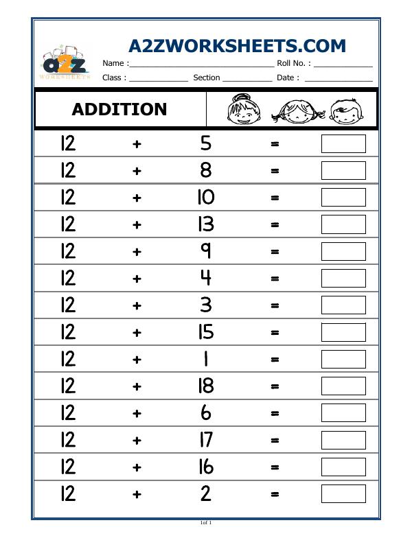 A2Zworksheets:Worksheet of Class-I-Addition-12-Addition-Maths