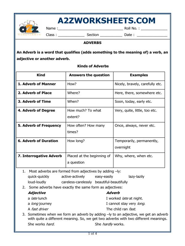 A2Zworksheets:Worksheet of Adverbs-Grammar-English